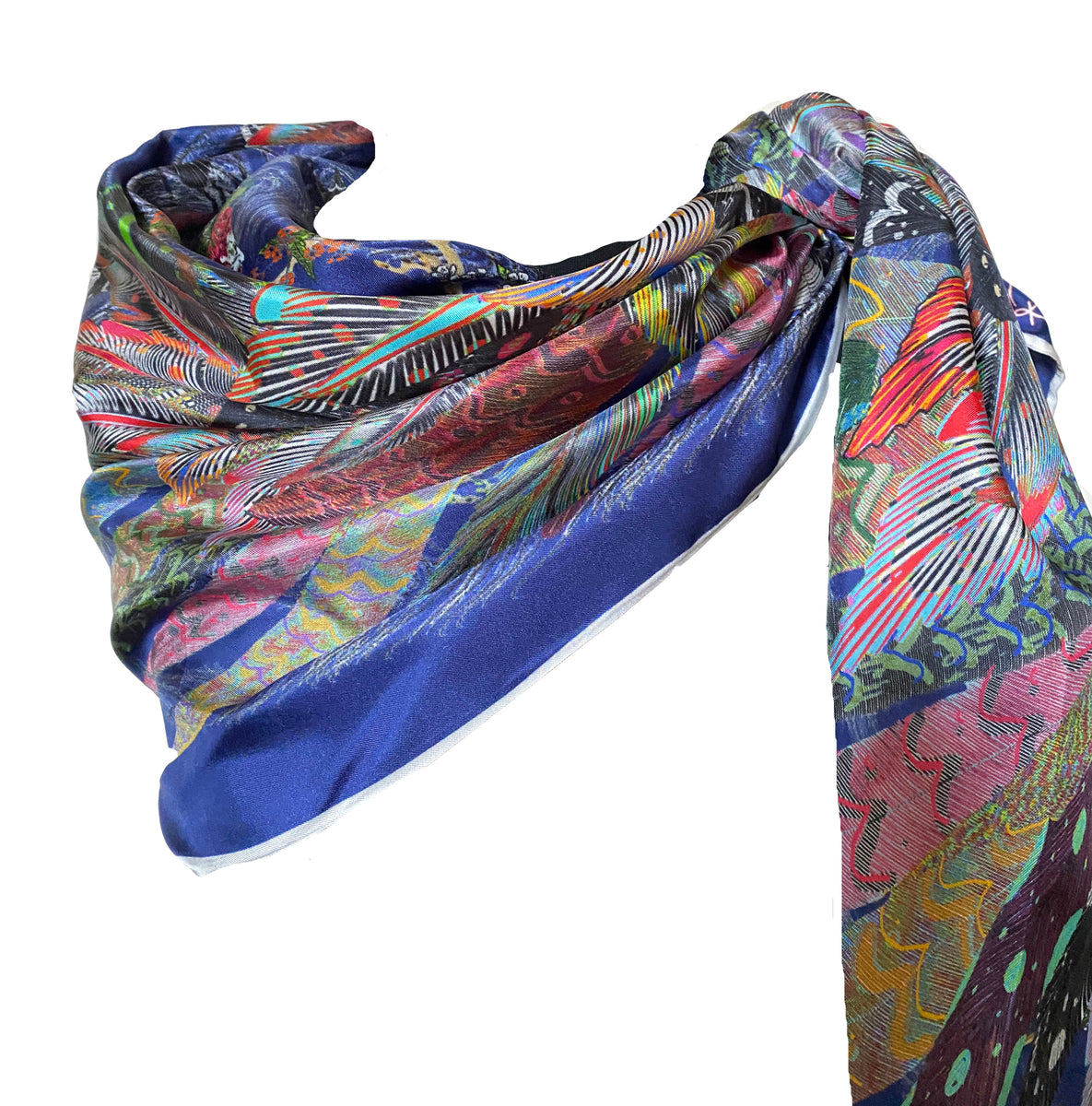 The Proud Peacock in Navy. Long Silk Scarves – Rita White